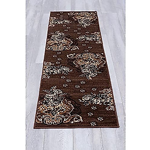 Champion Rugs Chocolate Brown/Beige/Mocha/Ivory/Abstract Area Rug Modern Contemporary Flower Swirls Pattern Carpet (2’ X 7’ Runner)