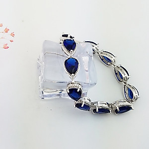 SELOVO Sapphire Color Dark Navy Blue Stone Teardrop Link Tennis Bracelet for Women Silver Tone