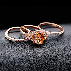 Uloveido 3pcs Stackable Bridal Rings Set Rose Gold Plated, 3-Stone Emerald Cut Champagne Yellow CZ Solitaire Accent Engagement Wedding Bands for Women (Size 8) Y434