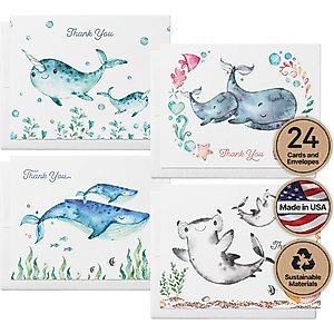 Twigs Paper - Baby Shower Thank You Cards - Ocean Themed Assorted Thank You Card Set - 24 Blank Cards With Envelopes - Eco Friendly Stationery - (5.5 x 4.25 Inch) - Made In USA