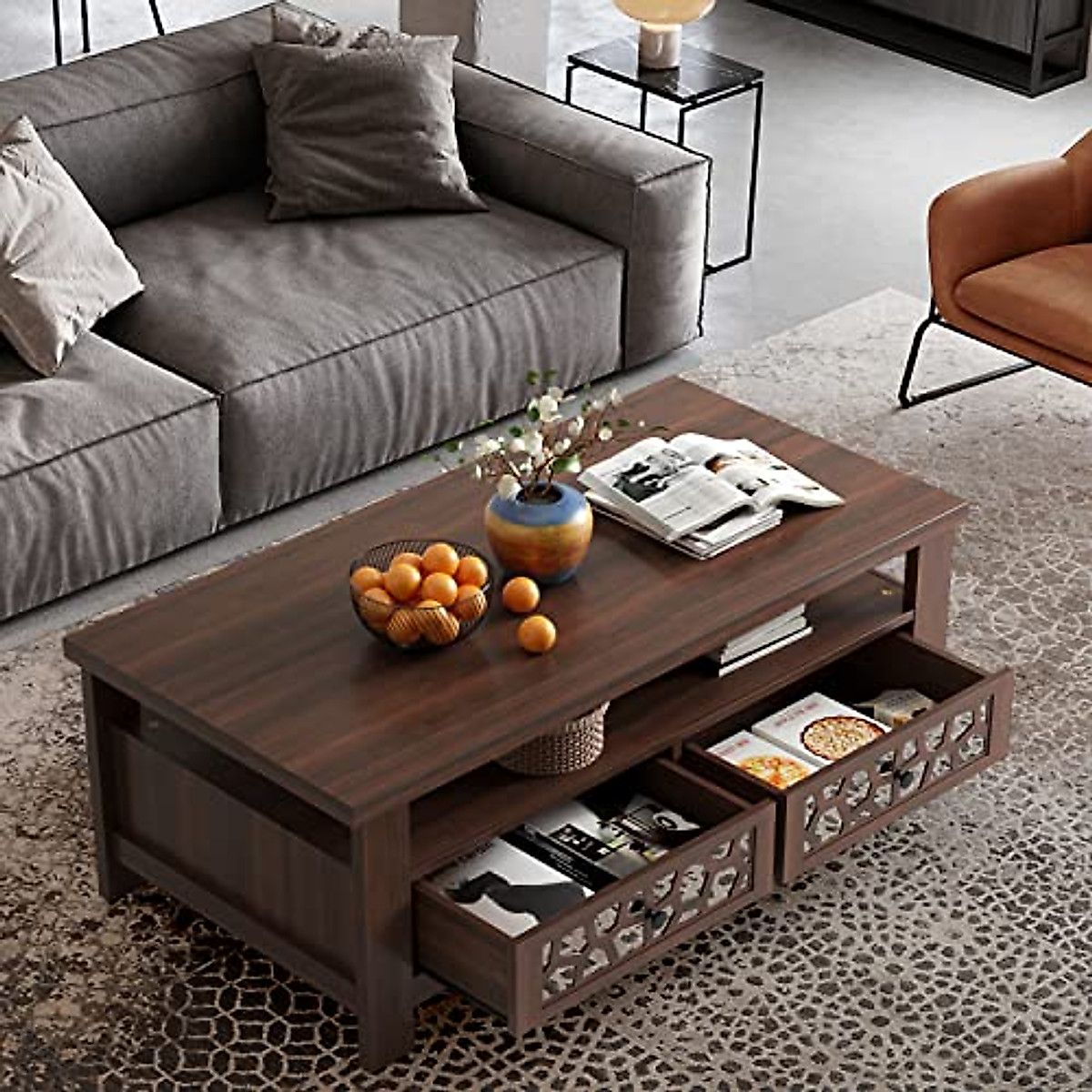 Giantex 3-Tier Coffee Table, 47" Rectangular Center Table w/Acrylic Mirror Design, Wooden Table w/Large Tabletop, Open Shelf, 2 Drawers & 5 Support Legs, Accent Living Room Furniture (Brown)