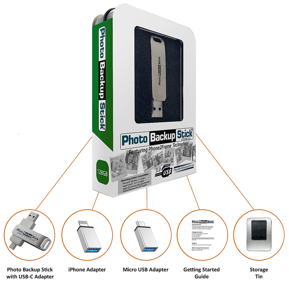 Photo Backup Stick Omega Universal Picture and Video Backup for Any Device - iPhone, Android, Computer, Tablets (128GB)