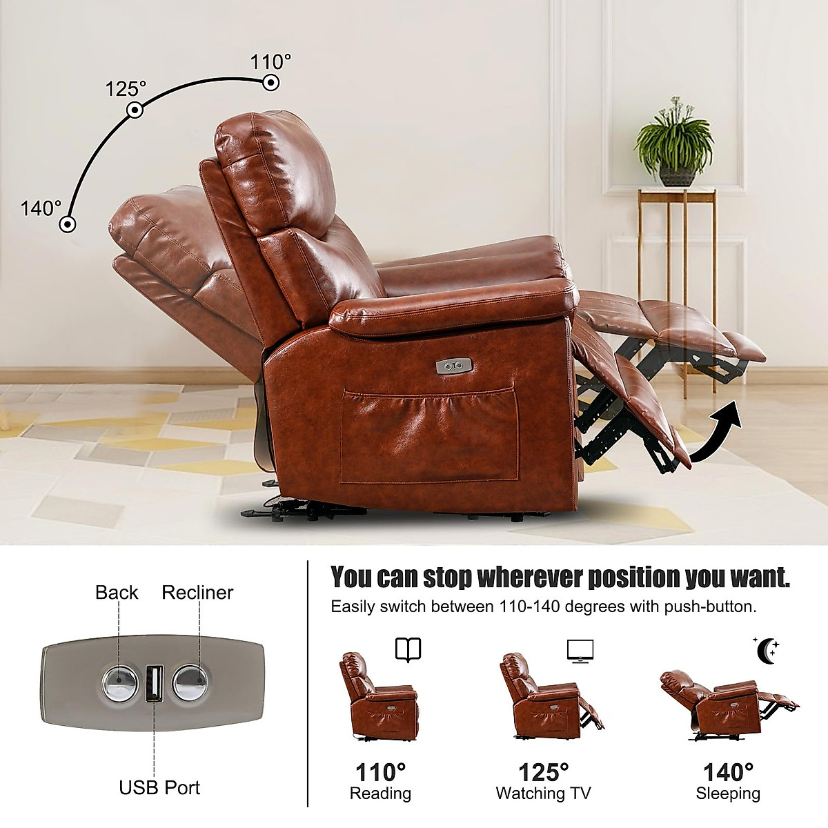 RIHEREFY Electric Recliner,PU Leather Recliner Chair with Extended Footrest,Recliner Chairs for Adults,Extra Wide Reclining Massage Chair with 2 Side Pockets & USB Ports