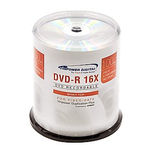 Vinpower Digital DVD-R 4.7GB 16x Silver Top Recordable Media 100 Disc Cake Box Spindle Shiny Silver Lacquer Top Premium Archival Grade Blank DVDs for Burning Video
