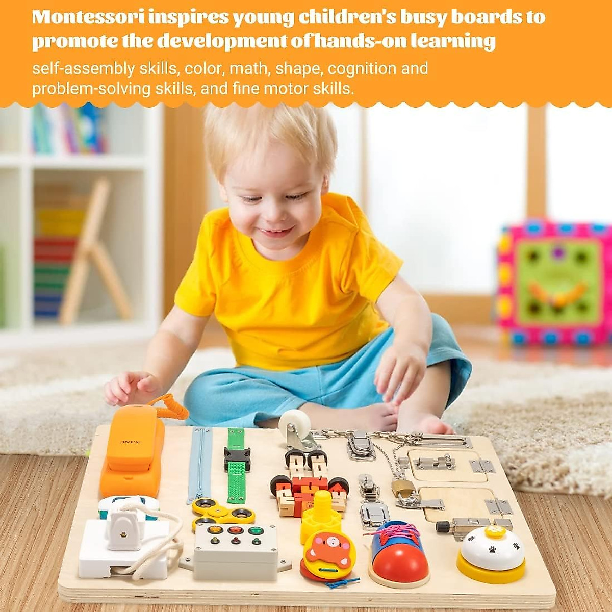 Montessori Busy Board for Toddlers- Learn to Dress Toys for 1 2 3 4 Year Old Kids - Learning Toy for Airplane or Car Travel-20-in-1 Yellow