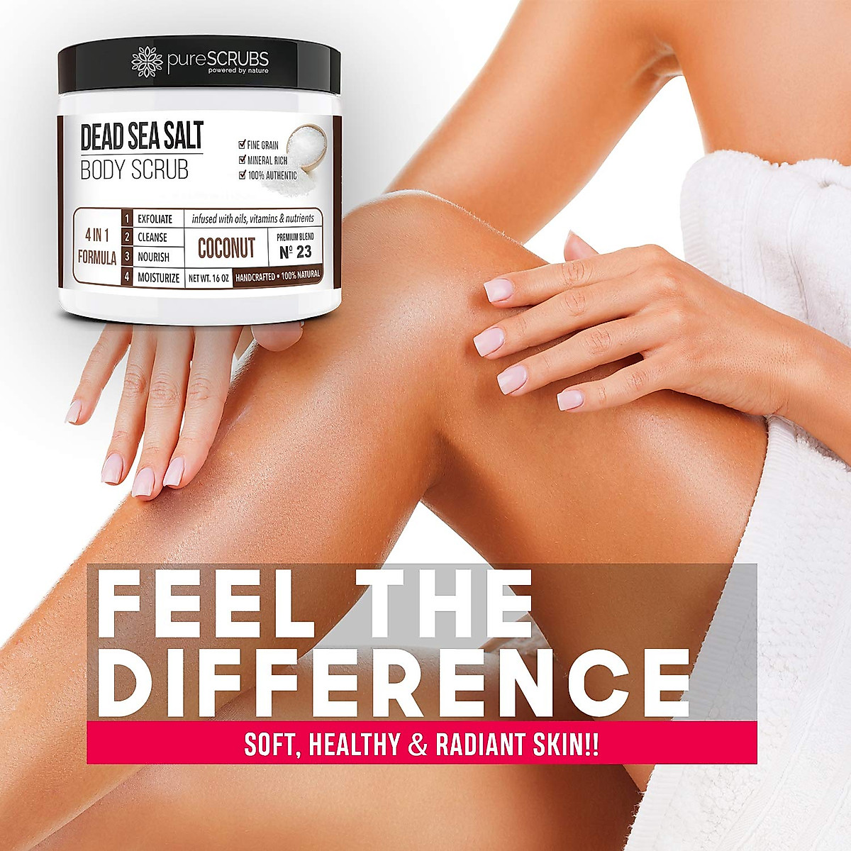 pureSCRUBS Premium Organic Body Scrub Set - INCLUDES spoon, loofah & soap - Large 16oz COCONUT BODY SCRUB Dead Sea Salt Infused Organic Essential Oils & Nutrients