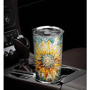ORCAE 20oz Beautiful Colorful Daisy Flower, Stained Glass Style Flowers, Yellow White Flower Tumbler Cup, Insulated Travel Mug with Lid, Coffee Thermos for Men, Women, Gifts for Women - K