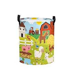 Personalized Laundry Basket Hamper,Farm Animal Pig Sheep,Collapsible Storage Baskets with Handles for Kids Room,Clothes, Nursery Decor