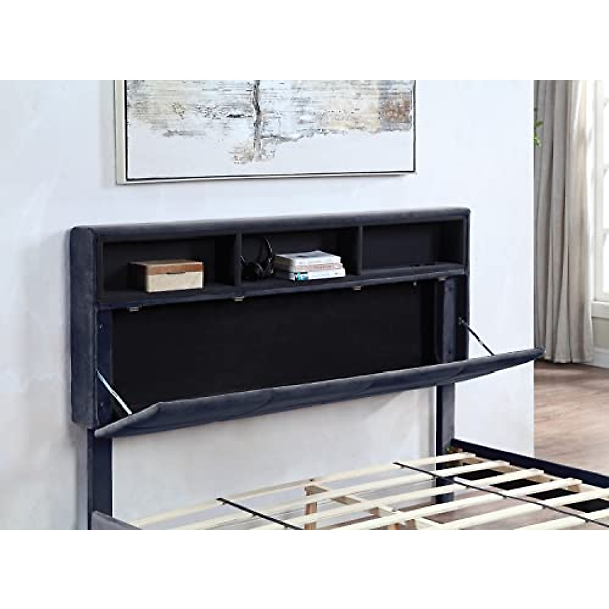 Furniture of America Halifax Modern Storage Fabric California King-Size Bed with USB for Bedroom, Guest Room Bed, Gray