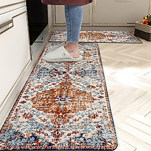 chiinvent Boho Kitchen Rugs Set of 2 Anti-Fatigue 0.4 Inch Thick Farmhouse Vintage Bohemian Kitchen Floor Mats Non Slip Waterproof Comfort PVC Mat Decor for Sink Laundry 17.3 x 28+17.3 x 47 Inch