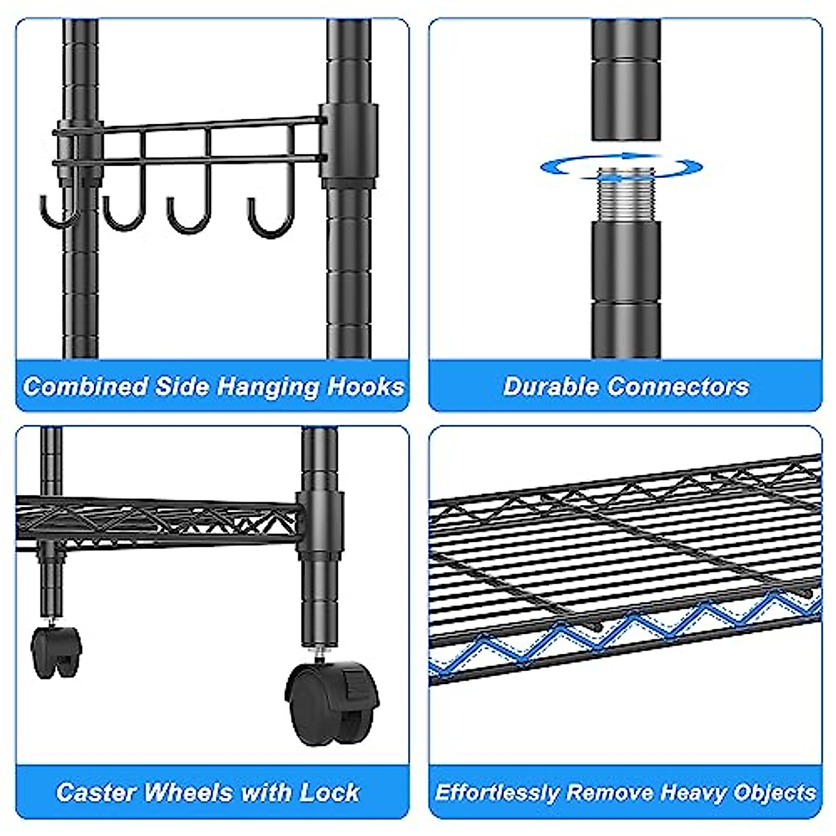 Homdox 5 Tier Wire Shelving Unit on Wheels, Adjustable Storage Racks and Shelving, Heavy Duty Rolling Metal Shelves with Side Hooks for Laundry Bathroom Kitchen Garage Pantry Organization, Black