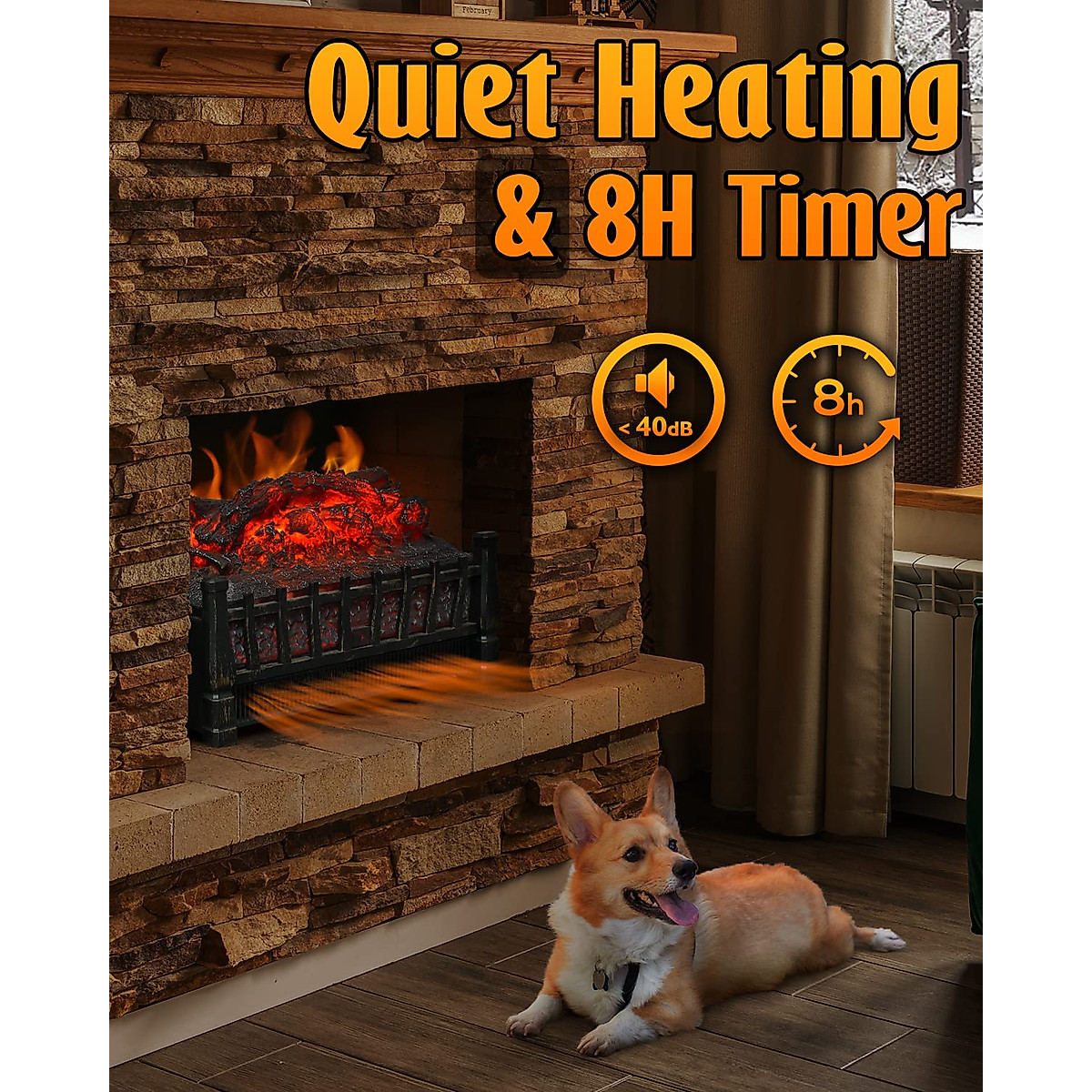 Electric Fireplace Logs Heater, Fireplace Insert with Realistic Fake Fire, 4 Flame Brightness, Remote Control, 8H Timer, Overheat Protection, Ember Bed Heater for Living Room, Christmas Decor, 1500W