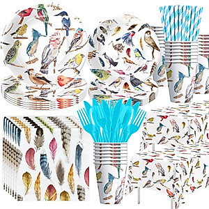 Xigejob Bird Party Decorations Tableware, Bird Birthday Party Supplies, Plate, Cup, Napkin, Tablecloth, Cutlery, Colorful Bird Bridal Baby Shower Birthday Wedding Summer Tea Party Dinnerware, Serve 24