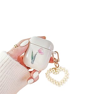 Fycyko Compatible with AirPods Case with Cute Flower Floral Cover with Glitter Heart Keychain, Flexible Shockproof Case Portable Protection Silicone Case for AirPods 1 & 2-Pink