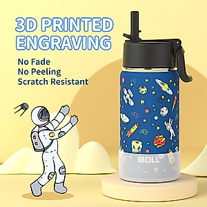 Mollcity 12 oz Stainless Steel Vacuum Insulated Wide Mouth Sports Water Bottle with Straw - Metal Water Flask for Kids for School, BPA-Free-Astronaut