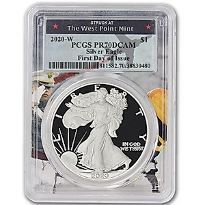 2020 W 1 oz Proof American Silver Eagle Coin PR-70 Deep Cameo (First Day of Issue - Struck at The West Point Mint Frame) $1 PCGS PR70DCAM