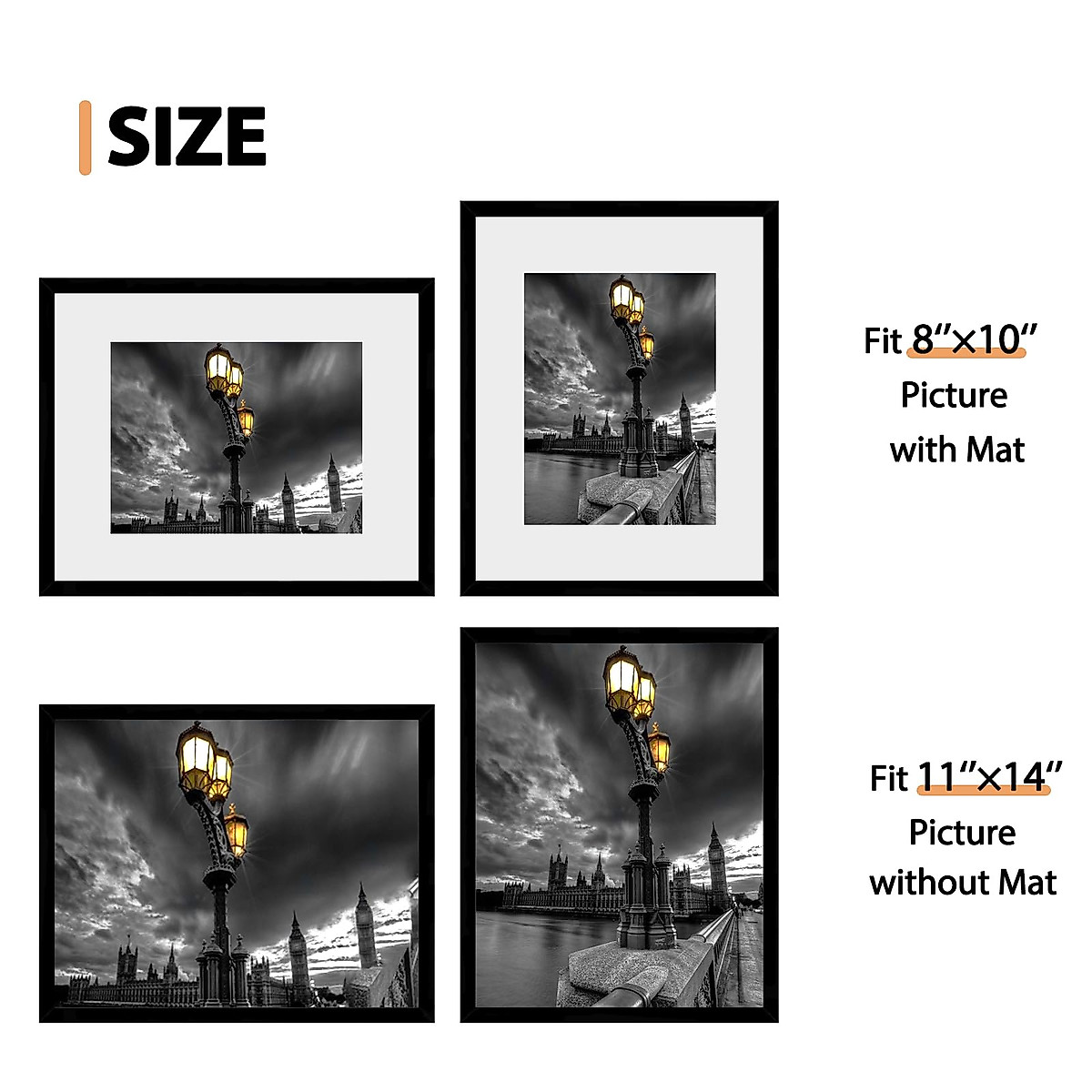 Fixwal 11x14 Picture Frame in Black, Display Pictures 8x10 with Mat or 11x14 Without Mat, Plastic Frame，Photo Frame for Wall or Tabletop Display