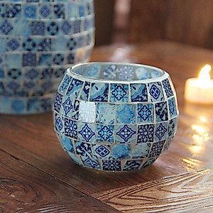 Blue and White Mosaic Candleholder, Glass Votive Candle Holders Round Bowl Tealight Holders Potted Plant Bowl Vase Candlestick Holder Table Centerpieces