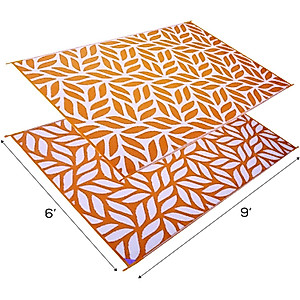 Stylish Camping 256099 6-feet by 9-feet Reversible Mat, Plastic Straw Rug, Large Floor Mat for Outdoors, RV, Patio, Backyard, Picnic, Beach, Camping - Leaf Mat (Mango/White)