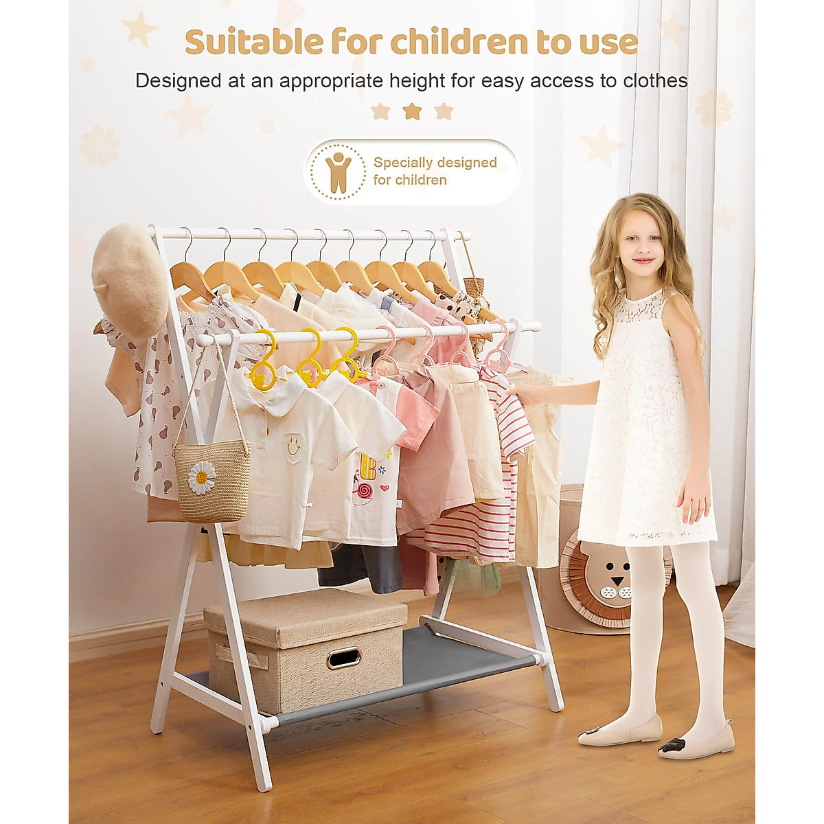 Cozivolife Kids Clothing Rack with 2 Hanging Rods and 4 Hooks, Kids Dress Up Rack with Bottom Storage Shelf, Child Garment Rack, Small and Foldable, Bamboo (White)