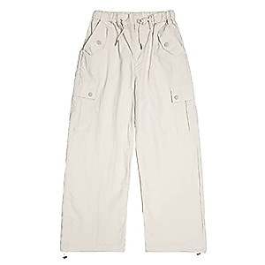 Rolanko Girls Parachute Pants, Cargo Pants for Girls Baggy Y2K Loose Jogger Trousers with Pockets for Kids (Beige, 8-10)