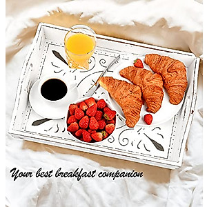 Cookaburrah Decorative Wooden Serving Tray with Handles, Rustic Tray Embossed with Metal, Rectangular Serving Tray for Ottoman, Perfect for Home, Restaurant, Farmhouse Decor (White)