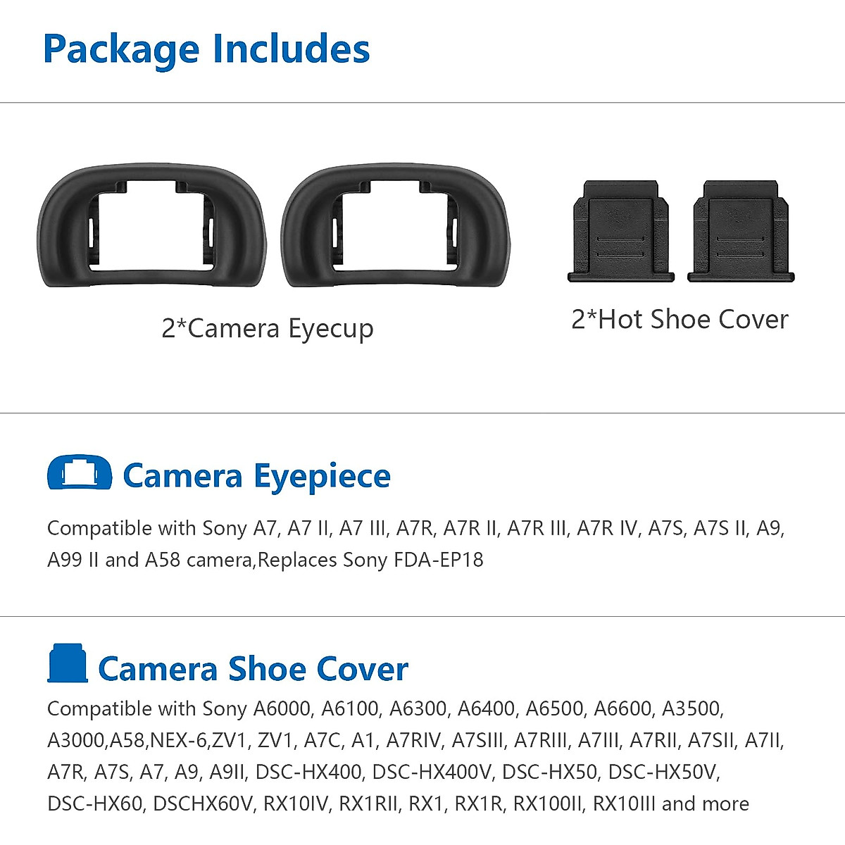 Updated Soft Silicone Camera Eyepiece Eyecup for Sony A7III A7II A9 A7S A99II A58 A7 A7R IV A7RIII A7SII, 2Pack Camera Hot Shoe Cover for Sony + 2Pack Camera Eye Cup Replacement for Sony