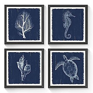 Sea life Art Framed Artwork: Coastal Pictures Ocean Theme Square Collection Set of 4 Wall Decor Set Prints for Bedroom (Multi-Style)