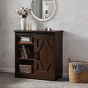 WAMPAT Coffee Bar Cabinet with Barn Doors, Farmhouse Sideboard Buffet Cabinet with Storage for Living Room Dinning Room Rustic Brown