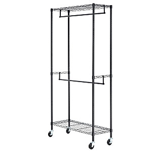 Amazon Basics Adjustable, Double Hanging Rod Garment Rolling Closet Organizer Rack - Black, 72 inches