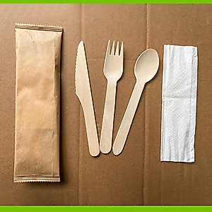 50 Pieces Disposable Wooden Cutlery Set, Premium Kraft Paper Independent Packaging Cutlery Combo: Fork Knive Spoons and Napkin for Home Office Restaurant Party and Outdoor