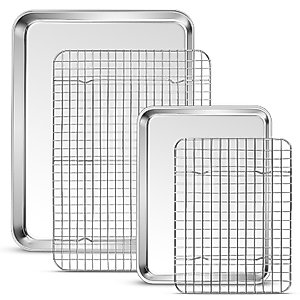 P&P CHEF Baking Sheet and Rack Set, 4 PACK (2 Sheets + 2 Racks), 2 Sizes Stainless Steel Baking Pans Cookie Sheets with Cooling Racks for Cooking & Roasting, Oven & Dishwasher Safe, Non-toxic