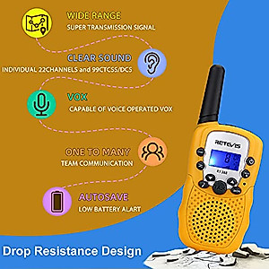 Retevis RT388 Walkie Talkies for Kids,22CH Long Range Walkie Talkie,Toys with Flashlight,Birthday Gifts Boys Girls Outdoor Indoor Cosplay Camping Hiking(Yellow,2 Pack)