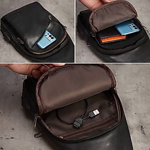 Men's Small Leather Sling Bags Water Resistant Travel Chest Shoulder Crossbody Bag with USB Black