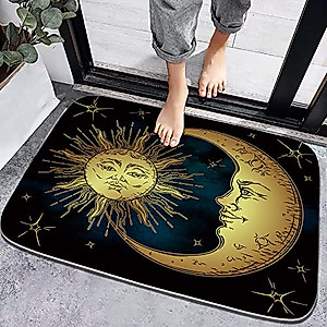 Sun and Moon Bathroom Rugs and Boho Chic Art Stars Over Blue Black Sky Mats Sets 3 Piece, Velvet Memory Foam Antique Style Bath Mat, Large Small and U-Shaped Contour Shower Mat Non-Slip Washable