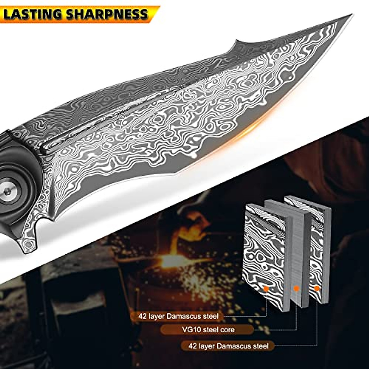 ALVELY handmade Folding Pocket Knife，Japanese Damascus steel 3.9in blade Men's folding knife，with Pocket Clip Leather Sheath，liner lock， Carbon Fiber Handle，fit EDC Outdoor camping Survival，gift