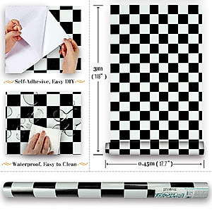 JZ·HOME 1339 Black White Mosaic Trellis Peel and Stick Wallpaper 17.7"x 9.8ft Square Lattice Self-Adhesive Checkered Contact Paper Shelf Liner Kitchen Backsplash Home Decor
