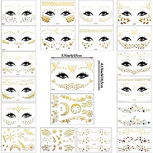 Zonon,20 Sheets Face Metallic Temporary Tattoo Sticker, Face Gold Temporary Transfer Tattoo Freckle Sticker for Women Girls Halloween Makeup Dancer Costume Parties