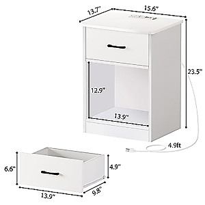 SUPERJARE L Shaped Computer Desk with Power Outlets & LED Lights and Nightstands Set of 2 with Charging Station & LED Light Strips, White