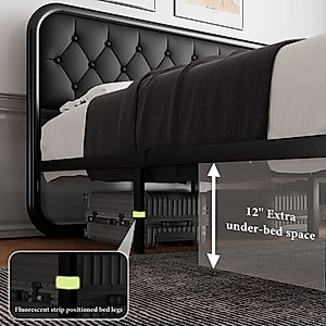 iPormis King Size Metal Bed Frame with Leather Headboard, Heavy-Duty Platform Bed Frame, Thicker Metal Steel Slats Support, 12'' Under-Bed Space, Noise-Free, Easy Assembly, Black