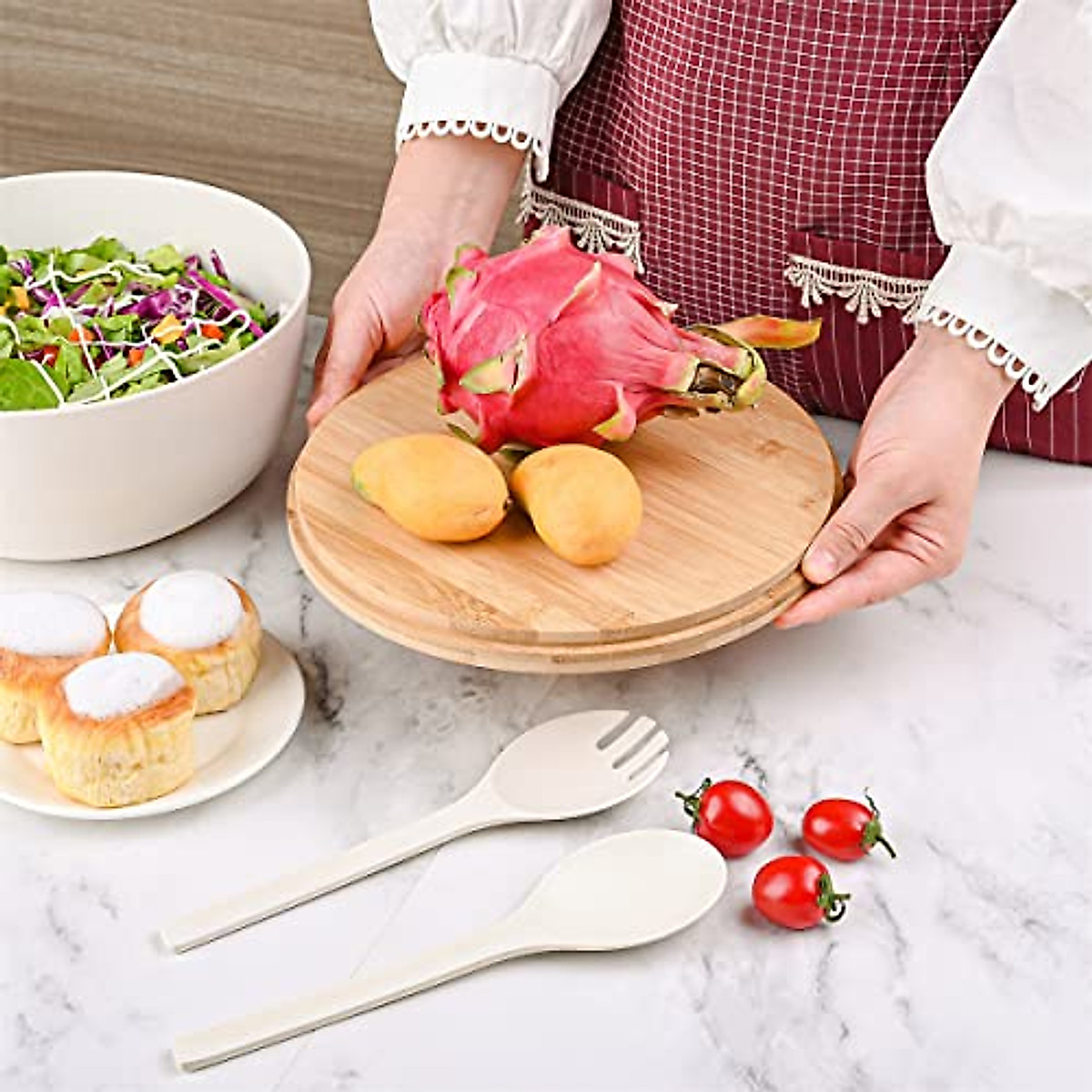 LOVYANXUE Bamboo Salad Bowl with Lid, 9.8Inches Large Salad Bowl with Lid Spoon Fork, Salad Mixing Bowls and 4 Small Bowls, Salad Serving Bowl Set for Salad, Fruits, Vegetables