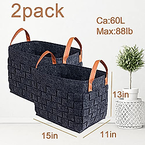 2 Pack Blanket Basket, BOLDMONKEY 15"x13"x11" XXXLarge Felt Laundry Baskets Nursery Storage Living Room Rectangular for Toy, Clothes, Kids, Bedroom(Dark Gray)