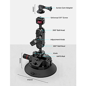 Camera Suction Cup Mount for Gopro - ULANZI SC-02 4.5in Pump-actived Vacuum Suction Mount w Quick Release NATO Magic Arm Car Boat Windshield Window Mount Compatible with Go pro Nikon Canon Sony DSLR