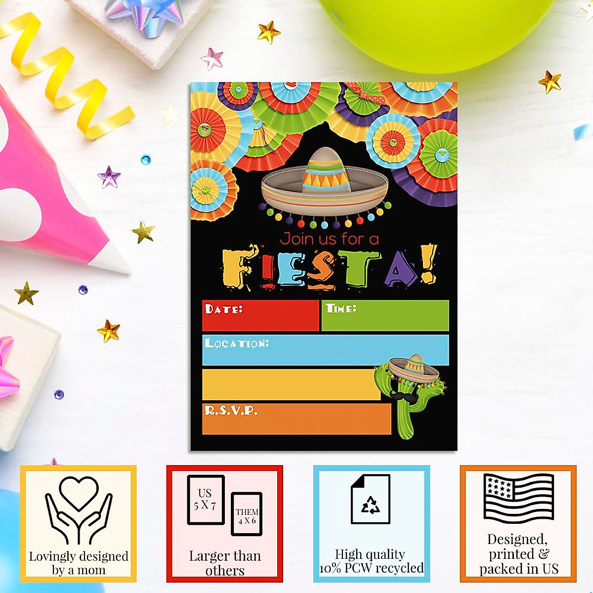 Fiesta Mexican Themed Party Invitations for Birthday Celebration, Retirement, or Cinco De Mayo, 20 5x7 Fill In Cards with Twenty White Envelopes by AmandaCreation