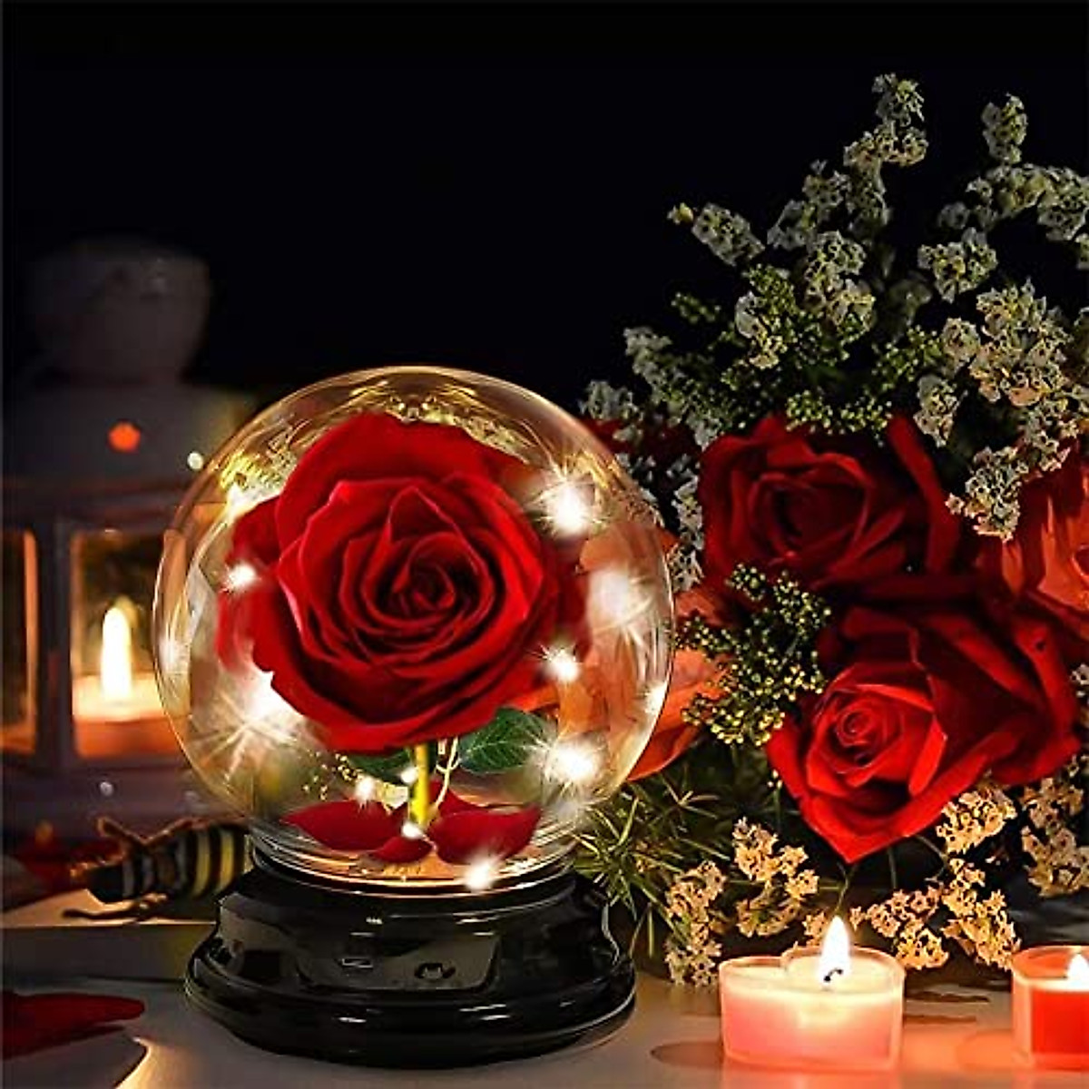 Beauty and the Beast Rose for Her, Artificial Flower Rose Light up Rose in Dome Rose Flower 1PC