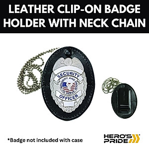 Hero's Pride Deluxe Recessed Cutout Teardrop Badge Holder, Standard Issue Leather Shield Case, Spring Clip and Neck Chain, 3" x 3-3/4" (9150T-0001)