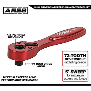 ARES 42062 – Dual Drive 1/4-Inch Drive and 1/4-Inch Bit 72-Tooth Micro Ratchet – 72-Tooth Fine Tooth Gear – Compact Size for Tight Spaces – Fits in Pocket