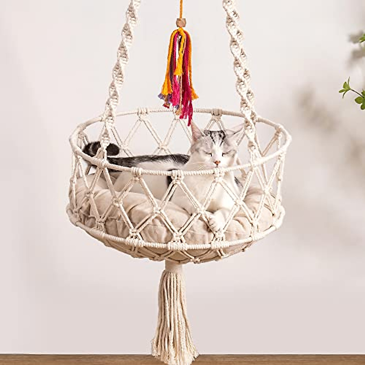 MEWOOFUN Hanging Macrame Cat Hammock Bed, Cat Swing Bed Space Saving Window Perch with Washed Cotton Mat & Funny Cat Toy for Indoor Cats