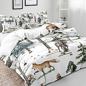 VIVIHOME 2PCS Woodland Animals Duvet Cover Set, Twin Bedding Sets, White Duvet Cover, Wildlife Rabbit Fox Deer Elk Moose Bear Camping Hunting Lodge Cabin Country Rustic Farmhouse Bedding, 1 Pillowcase