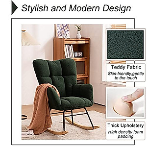 Krinana Teddy Fabric Nursery Rocking Chair, Rocker Armchair with Solid Wood Legs, Glider Chair Nursery with High Backrest for Living Room Apartment (Teddy Fabric,Green)